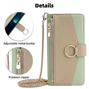 Arseaiy Wallet Case for VIVO V20 SE/Y70 2020 Flip Phone Case Cover with Crossbody Strap Magnetic Zipper Pocket Makeup Mirror PU Leather Shockproof with Kickstand Shell Green