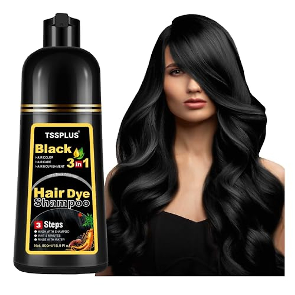 TSSPLUS Black Hair Dye Shampoo, 500ml - Organic Natural Hair Color Dye Shampoo for Women & Men, Instant Gray White Hair Cover, Plant Essence, Semi-Permanent
