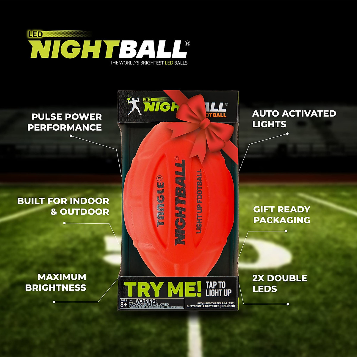 Nightball Tangle Glow in The Dark Inflatable LED Football - Light up Football with Bright LED Lights - Glow Football for Kids and Adults - Ideal Football Gifts for Teen Boys (Red)