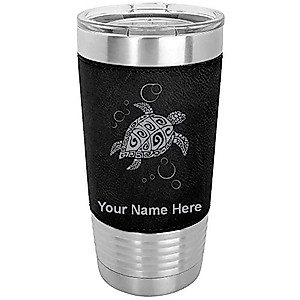 LaserGram 20oz Vacuum Insulated Tumbler Mug, Hawaiian Sea Turtle, Personalized Engraving Included (Faux Leather, Black)