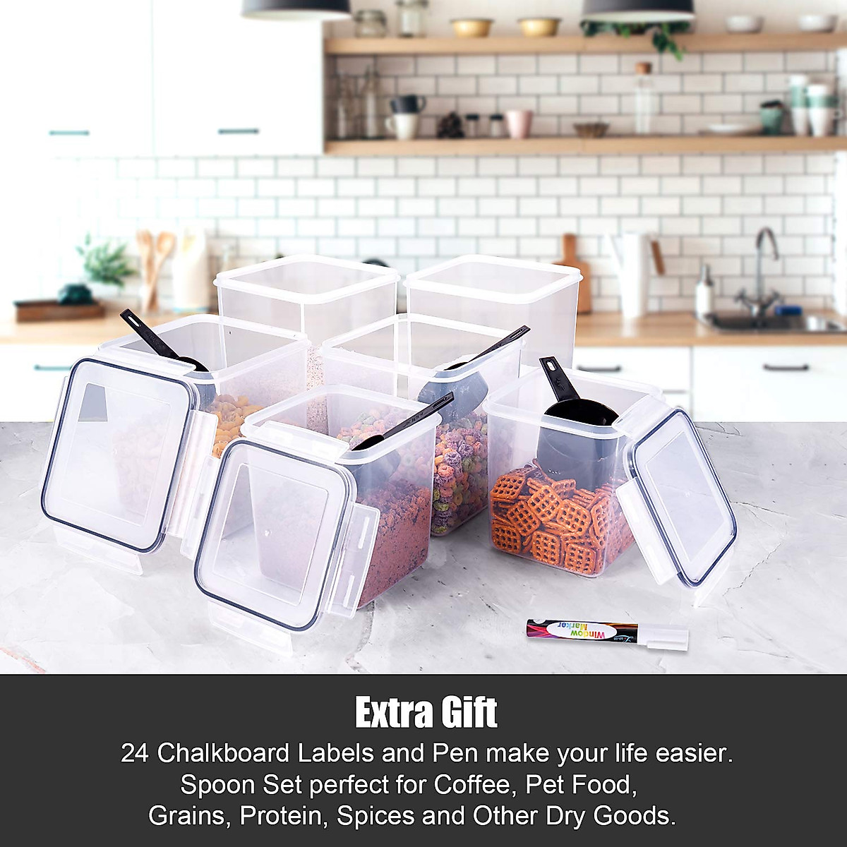 ME.FAN Food Storage Containers [Set of 6] Food Canisters / Flour Container - Pantry Bulk Airtight Storage Keeper with 5 Set Measuring Cups 24 labels & Pen - Black