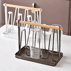 BYFU Cup Drying Rack Stand with Drain Tray, Metal Bottle Drying Organizer with Wood Handle for 6 Cups or Mugs