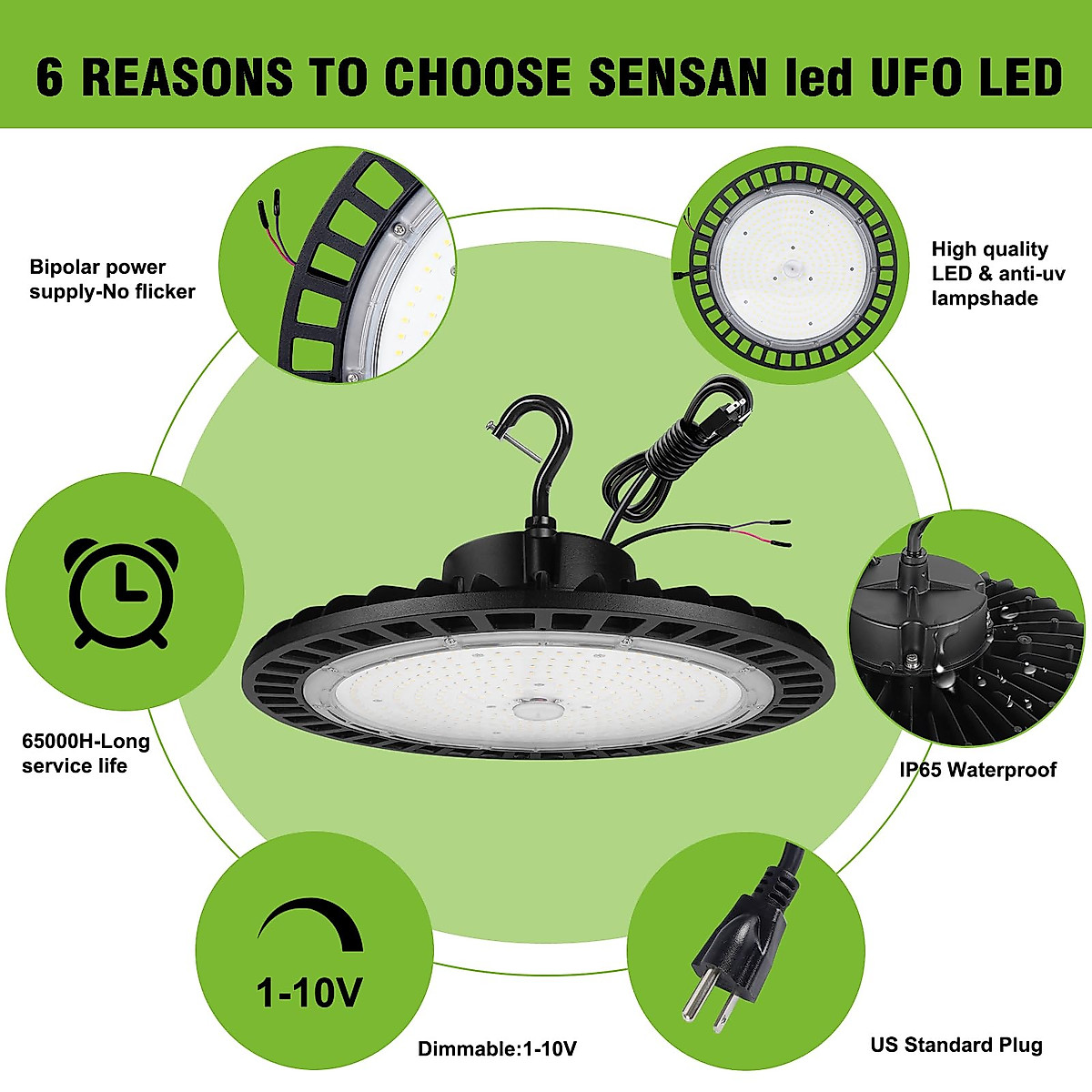 SENSAN led UFO LED High Bay Light 240W 1-10V Dimmable High Bay Led Shop Lights 5000K US Plug&Hook High Bay Led Lights 36000LM ETL Listed - Ideal Led Shop Lights UFO Lights Led Warehouse Lights