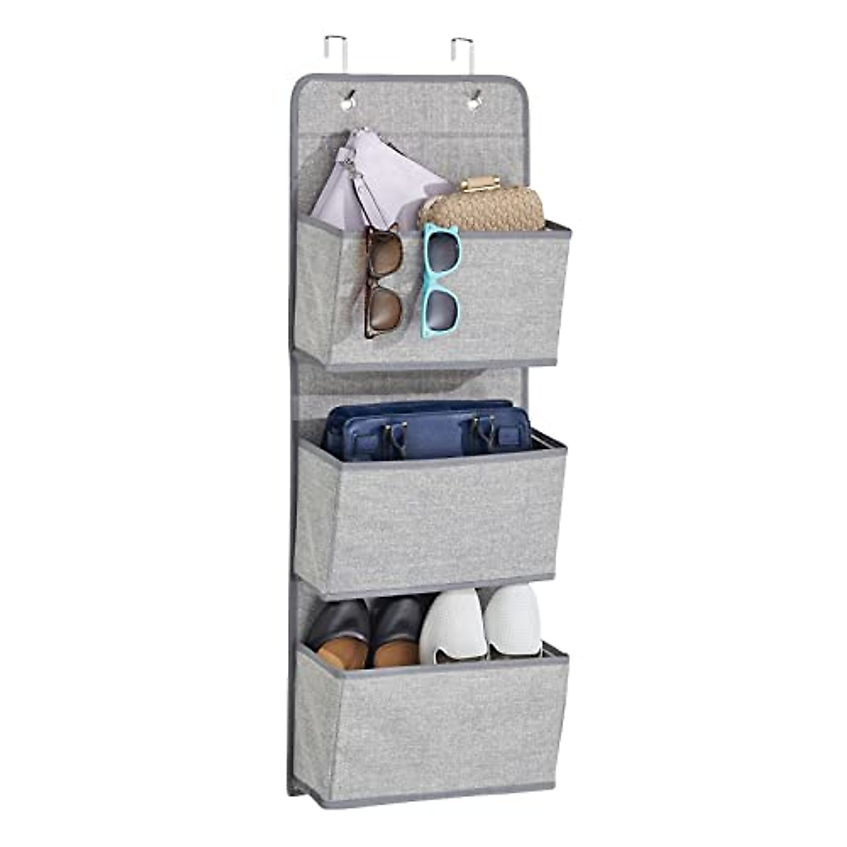 mDesign Fabric Hanging Organizers for Over the Door Storage In Bedroom/Hallway Closets, 3 Pocket Organizer Caddy, Hooks for Linens, Clothing, Accessories, Lido Collection, Textured Print, 2 Pack, Gray