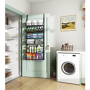 Mefirt Over The Door Pantry Organizer, Pantry Storage and Organization, 6-Tier Adjustable Hanging Baskets, Metal Wall Mount Spice Rack Seasoning Shelves for Home & Kitchen, Laundry Bathroom - Black