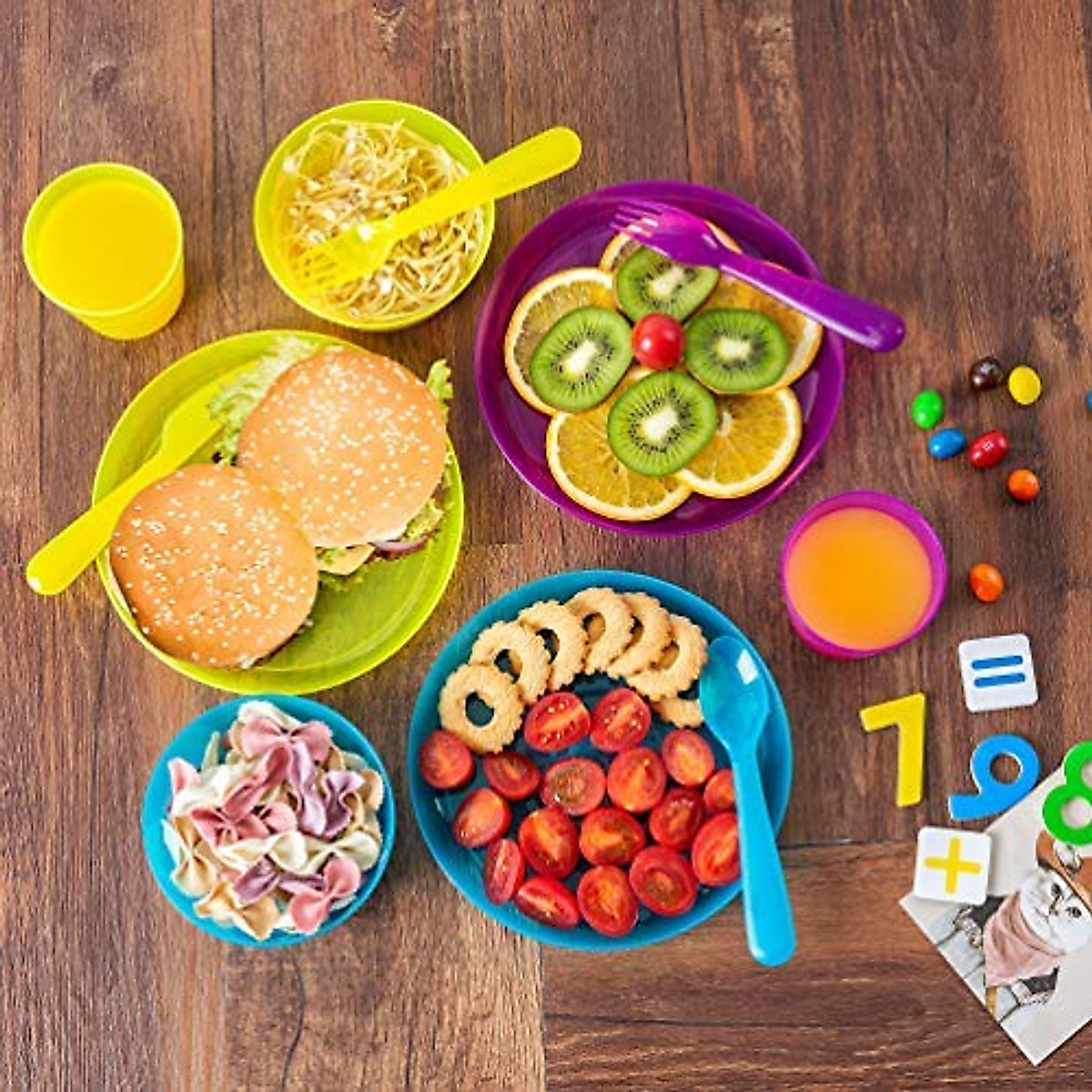 Plastic Dinnerware Set - 8 Piece Cookware Set Include Kids Cups, Plates, Bowls, Flatware Set - Dish Set with Rainbow Colours - Dishwasher and Microwave Safe BPA Free for Kids and Toddler