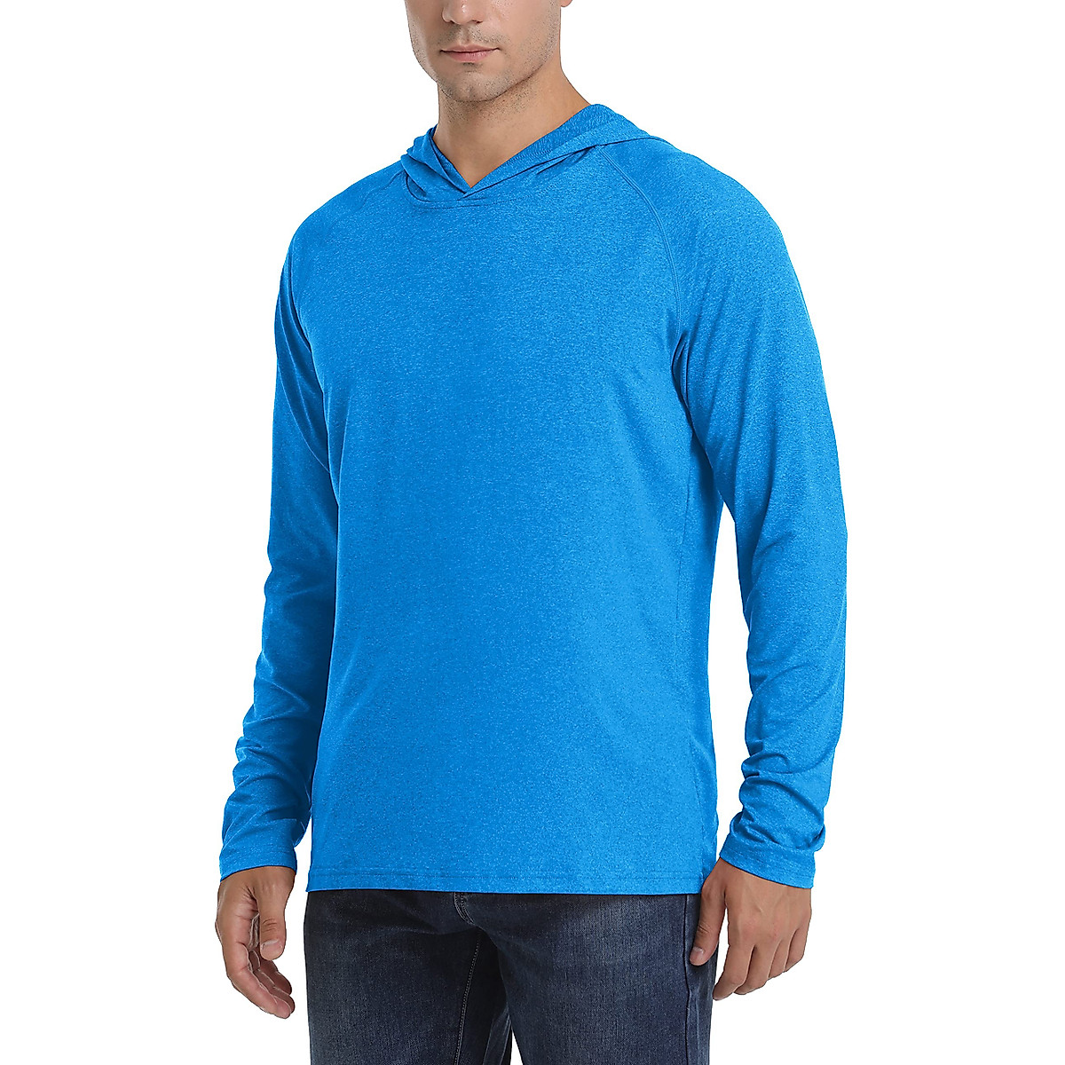 TACVASEN Men's Athletic UV Long Sleeve Durable Shirts with Hoody Running Exercise, Sea Blue, L