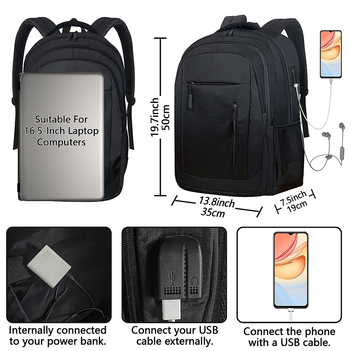 Wesoke Laptop Backpack for Men, 17.3 Inch Travel Backpacks Students BookBag with Laptop Compartment, Water Resistant Business Work Casual Computer Daypack with USB Charging/Headphone Port