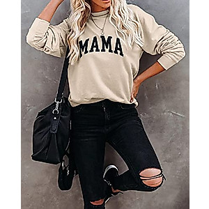 Dressmine Womens Letter Graphic Crewneck Mama Sweatshirt Long Sleeve Loose Shirts Lightweight Cute Pullover Apricot Large