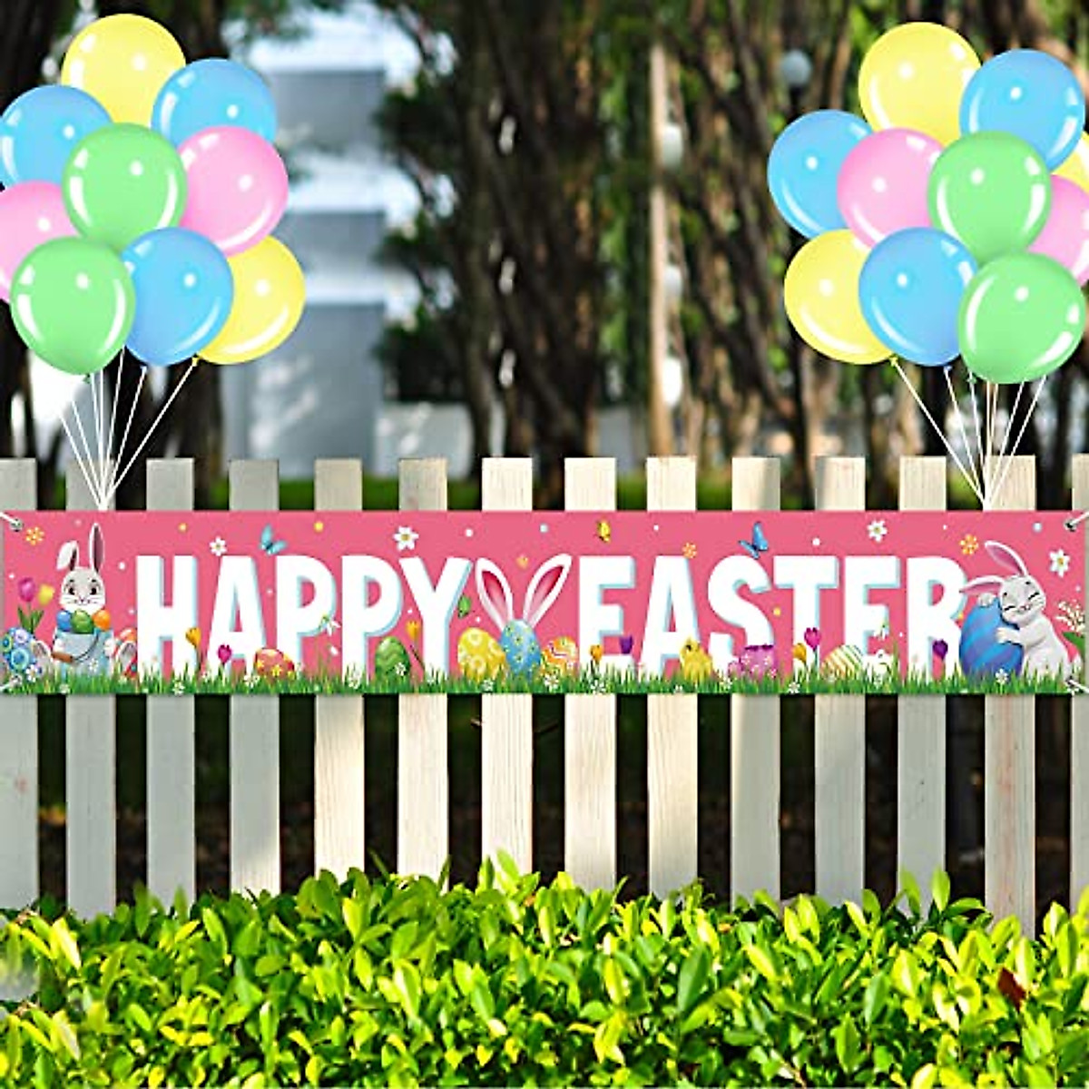 36 Pcs Happy Easter Banner and Balloons Decorations Set Large Fabric Happy Easter Yard Sign Banner Outdoor Spring Easter Themed Party Banner 35 Pcs Latex Balloons for Home Party Decoration 18 x 118 ft