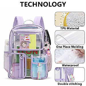 LISINUO Clear Backpack Girl Transparene Backpacks See Through Book Bag for Women Heavy Duty Pvc Mesh Bag Cute Girls Bookbags(Purple)