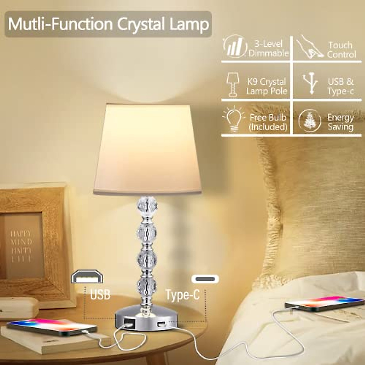 Unfusne Set of 3 Crystal Lamp with USB Port - Touch Control Table Lamp for Bedroom 3 Way Dimmable Nightstand Bedside Lamp with White Fabric Shade, Small Lamps for Living Room, Dorm, Home,Office