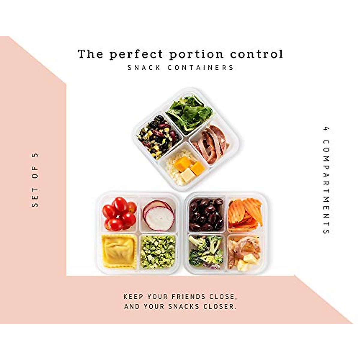 Komax Biokips Foodsaver Set, Square Lunch Box Containers with 4 Removable Compartments of 700ml (23.6 oz), Pack of 5