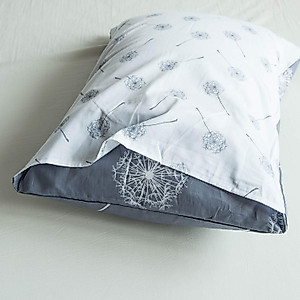 YuHeGuoJi Gray Botanical Duvet Cover Queen 100% Cotton Reversible Flower Duvet Cover 3 Pcs Set 1 White Dandelion Duvet Cover with Zipper Ties 2 Pillowcases Farmhouse Plant Print Bedding Set