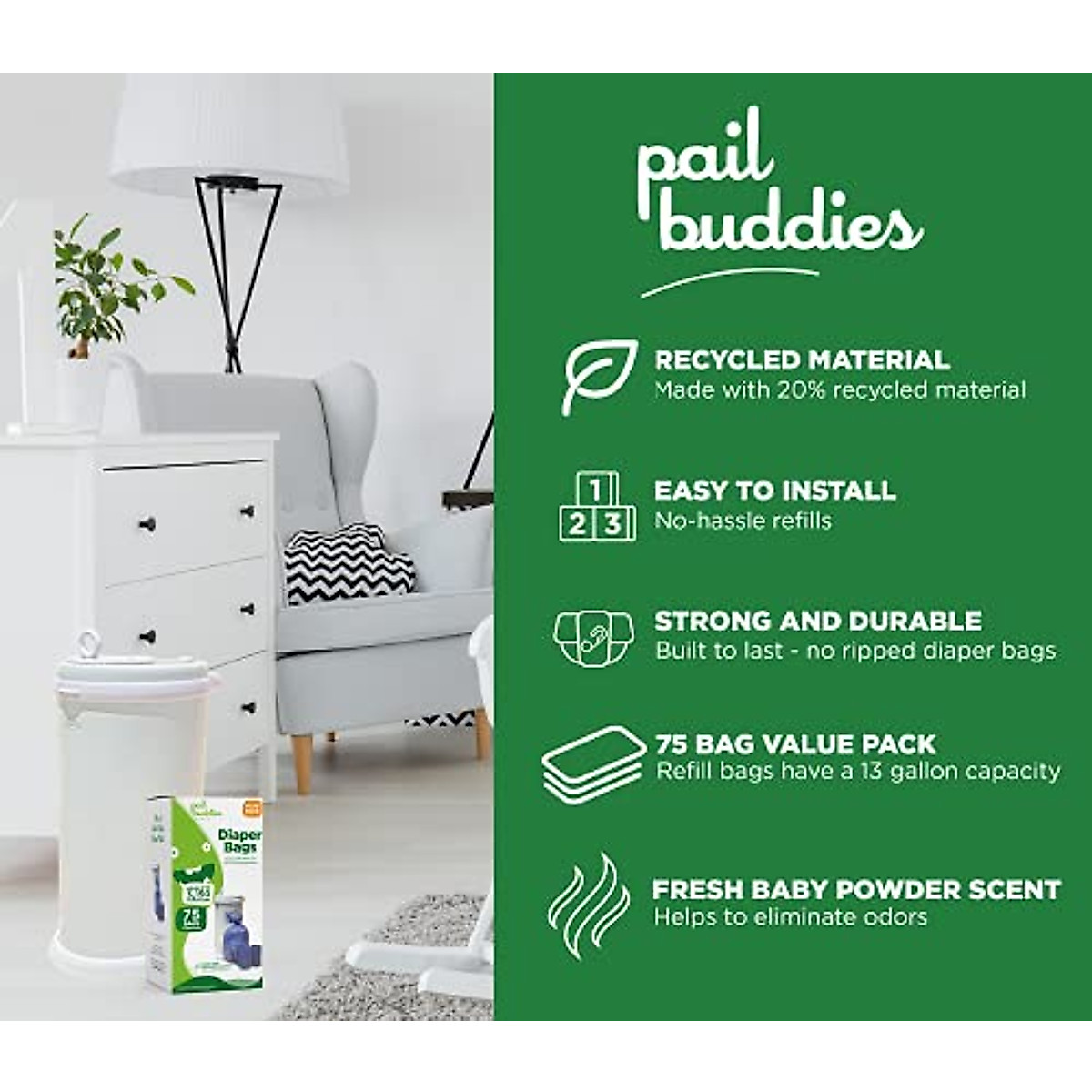 Disposable Diaper Pail Refills Compatible with Ubbi Diaper Pail | Diaper Pail Refill Bags made with Recycled Material | Fresh Powder Scent for Odor Control | Disposable Diaper Trash Bags (75 Count)