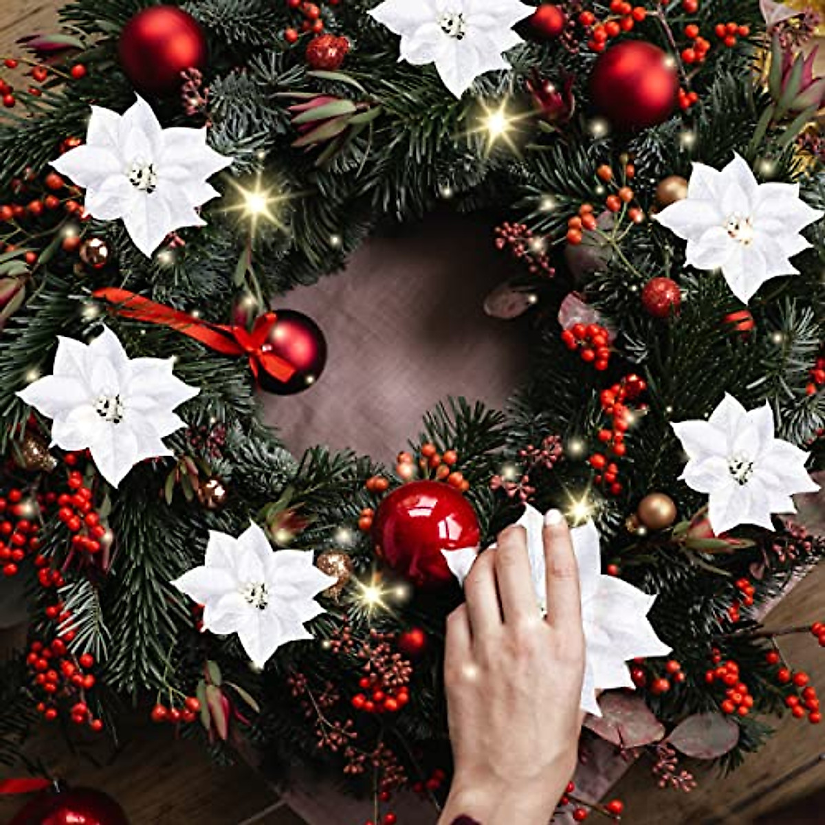 MOONET 12 Pcs Christmas Tree Decor Flowers Artificial Flannel Fabric Flowers with Clips Ornaments for Christmas Party Wedding, 6.69 inch (White)