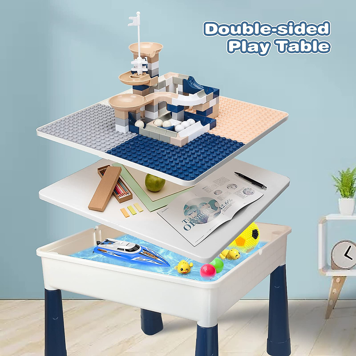 KIDCHEER Kids Table and Chair Set with 100PCS Marble Run, Toddler Table All-in-One Multi Activity Playset, Toddler Building Blocks Toys for Learning & Playing, Water & Sand Game