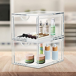 CECOLIC 2 Pack Stackable Cosmetic Organizer Drawers, Clear Acrylic Makeup Storage Organizer Box, Plastic Storage Bins Vanity Container for Bathroom Countertop, Bedroom Dresser, Kitchen Cabinets
