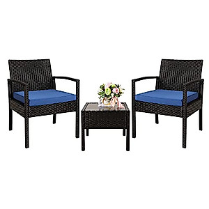 PAOLFOX Outdoor Patio Furniture Sets, Patio Furniture Set 3 Piece, Wicker Patio Chairs, Porch Deck Furniture, Rattan Wicker Furniture, Blue