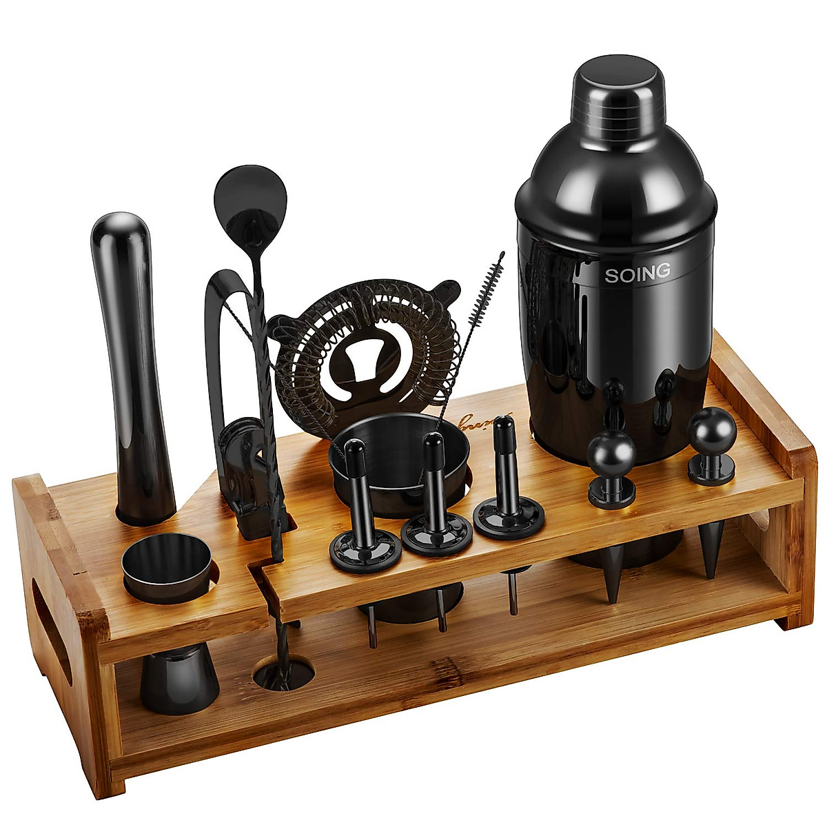 Soing Black 24-Piece Cocktail Shaker Set,Perfect Home Bartending Kit for Drink Mixing,Stainless Steel Bar Tools With Stand,Velvet Carry Bag & Recipes Included