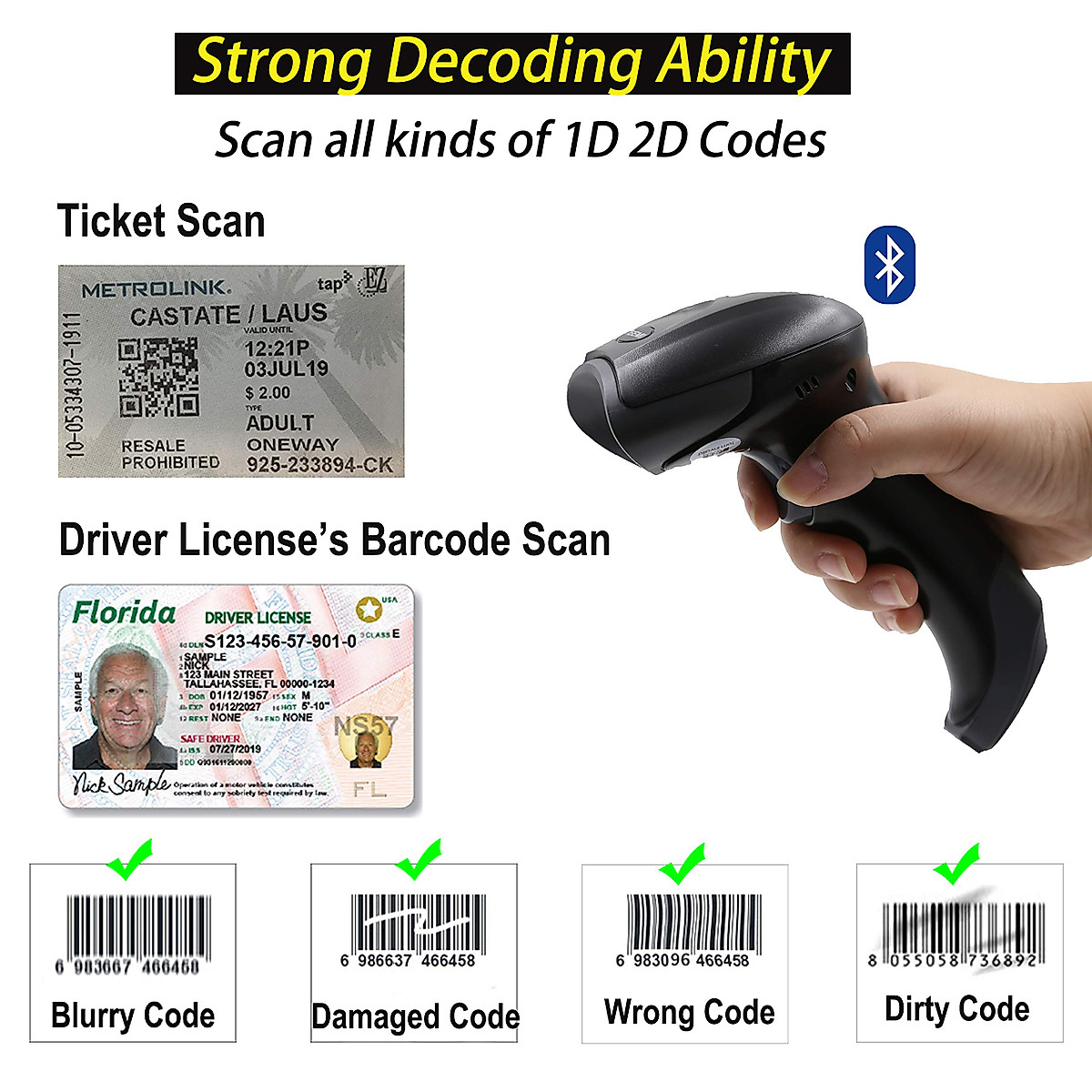 TEEMI 1D 2D Bluetooth Barcode Scanner with Intelligent USB Cradle Wall Mounted, Auto Activate Omni-Directional Hands-Free Scanning, Wireless Charging and Bluetooth 5.0 Technology (Black)