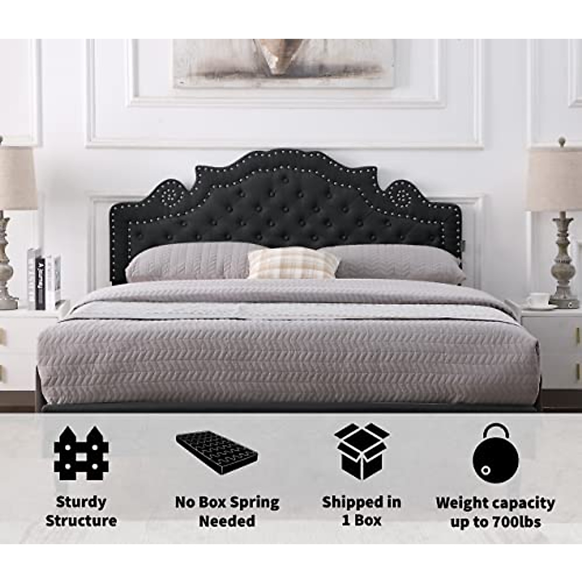 Queen Upholstered Platform Bed Frame with 47" Tall Adjustable Headboard - Button Tufted Linen Bed - Wood Slat Support with Storage Space - No Box Spring Needed - Black - Oliver & Smith - Elizabeth