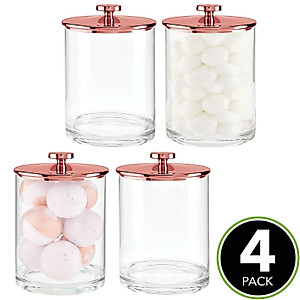 mDesign Large Modern Apothecary Storage Organizer Canister Jars - Plastic Containers for Bathroom, Organization Holder for Vanity, Counter, Makeup Tables, Lumiere Collection, 4 Pack, Clear/Rose Gold