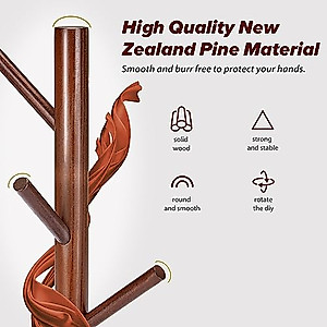 Azaeahom Coat Rack Freestanding with 8 Hooks 3 Adjustable Height Coat Racks Stand Clothing Hanger Stand Wooden Coat Tree Easy Assembly for Entryway, Bedroom, Hallway, Dormitory,Office Cherry