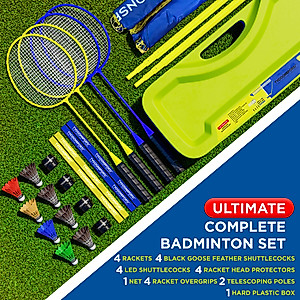 Complete Badminton Set | Portable Badminton Net with Stand 10 x 5 | 4 Badminton Rackets | 4 Over-Grips | 4 Racket Protectors | 8 Badminton Birdies (4 LED & 4 Goose-Feather) | 1 Hard Carry Case