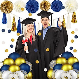 74 Pieces Navy Blue Gold Party Decoration for Graduation Includes Tissue Paper Pom Pom Flower Gold and Navy Balloon Circle Banner Tassel Garland Birthday Bridal Shower Wedding Party