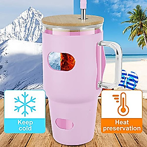 Glass Tumbler Cup with Silicone Sleeve, 32oz Water Bottle Tumbler w/ Bamboo Lid and Straw- Easy to Grip, Leakproof Glass Tumbler Mug Drinking Glass Cups, Dishwasher Safe for Travel Home Coffee (Pink)