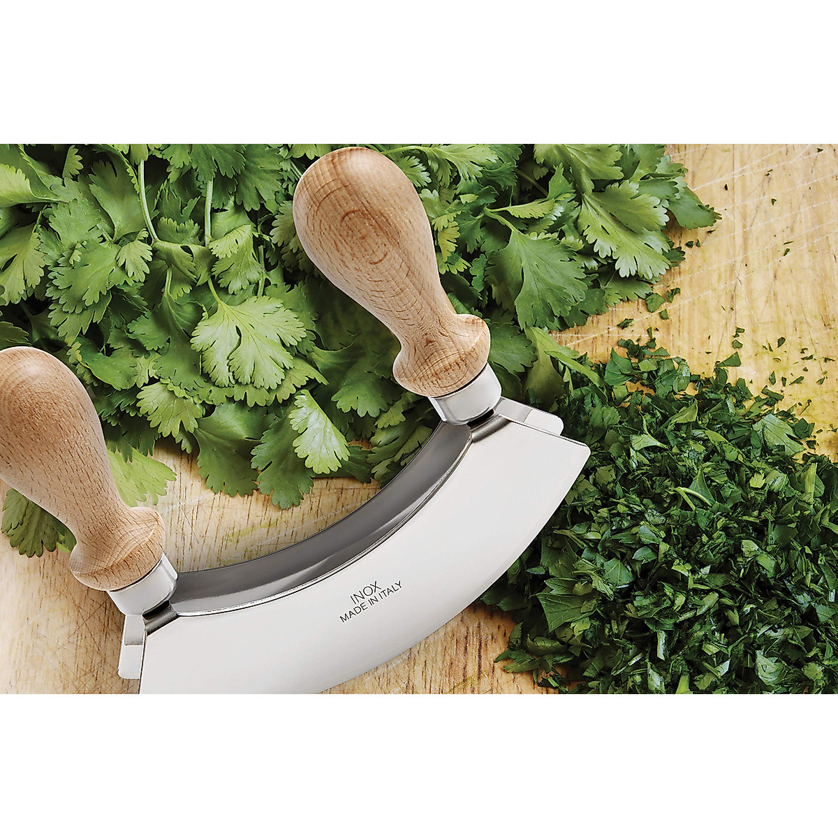 Fantes Double Mezzaluna Vegetable Chopper Rocking Knife, 5.5-Inch Stainless Steel Blade with Beechwood Handles, The Italian Market Original since 1906,Brown