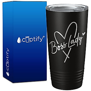 Boss Lady Big Heart Tumbler Birthday Gifts for Women, Coworker, Boss on Black 20 oz Stainless Steel Insulated Cup with Lid - Travel Mug for Mom