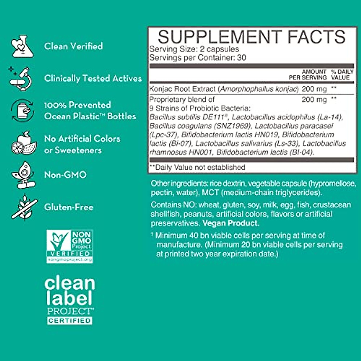 HUM Skin Squad - Vegan Clear Skin Gut Probiotic Supplement - Prebiotic Konjac Root & 9 Strain Probiotic Blend for a Healthy Gut Microbiome, Decreased Breakouts & Glowing Even Skin Tone (60 Capsules)