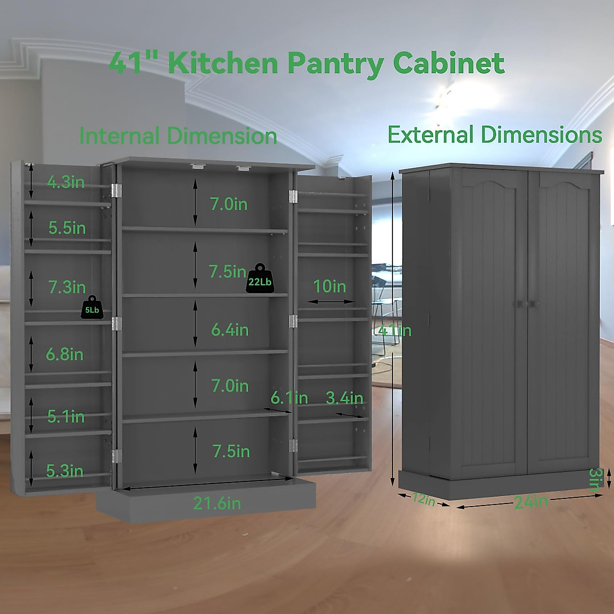 VEKOO 41" Kitchen Pantry Storage Cabinet Food Storage Cabinets with Doors and Adjustable Shelves Freestanding Grey Storage Cabinet for Kitchen, Living Room and Dinning Room