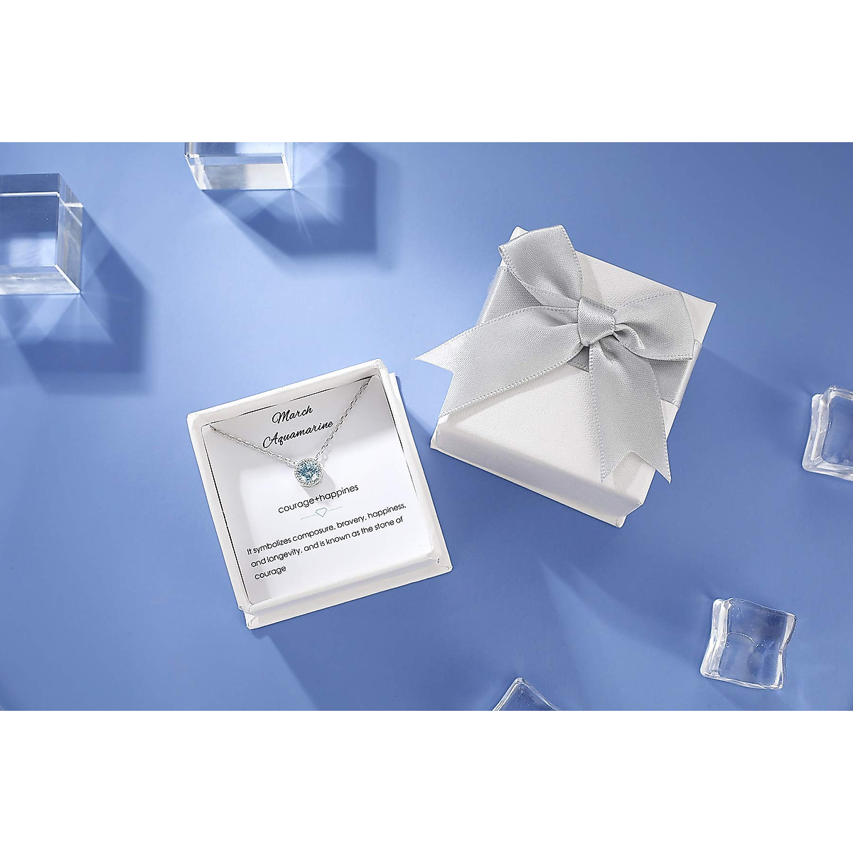 Presentski March Birthstone Necklace White Gold for Mom Women Sterling Silver CZ Blue Pendant Necklaces