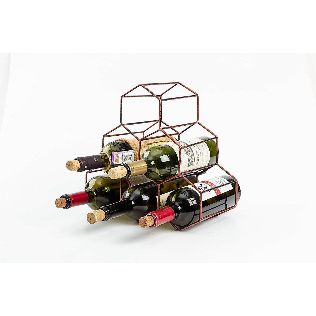 Asian Home Geometric Hexagon 6 Bottle Desktop Wine Rack Freestanding Countertop Bottle Holder for Wine Storage, Metal, Copper