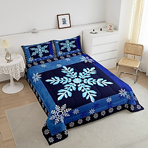Castle Fairy Snowflake Art Comforter Set Queen Size,Geometric Snowflake Bedding Set for Kids Boys Girls Bedroom Decoration,Navy and Blue Bed Duvet Insert,Winter Theme Comforter with 2 Pillowcase