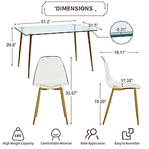 Glass Dining Table Set for 4, 51 inch Dining Table & Chair Sets with Light Wood Metal Legs for Kitchen, Modern Rectangle Tempered Glass Table Top and Transparent Plastic Dining Chair for Dining Room