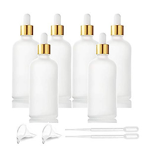 6 Pcs,3.4 Oz White Matte Glass Dropper Bottle for Essential Oils,Empty Glass Massage Oil Bottle Holder With Glass Reagent Pipette,Perfume Travel Container,Gold Aluminum Lid-Pipette,Funnel included