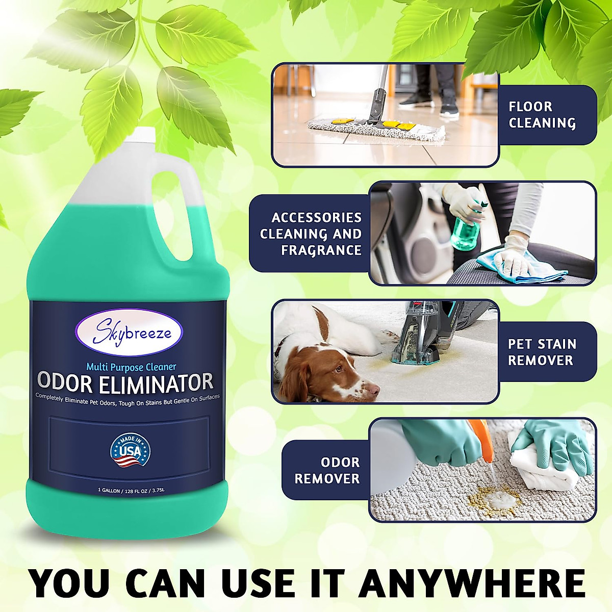 Multi Purpose Cleaner Pet Odor eliminator - pH Neutral - Strong Odor Floor Cleaner - Pet Odor Eliminator for Home - Best Scent Remover for Cat and Dog Pee All Purpose Cleaner 1 gallon (Sky Breeze)