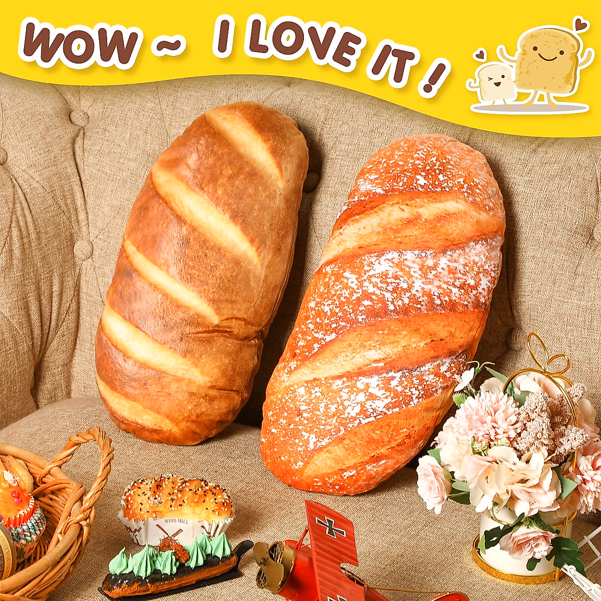 Yookeer 2 Pieces Jumbo 3D Simulation Bread Shape Pillow 16 Inch Butter Soft Lumbar Back Cushion Giant Bread Pillow Loaf Cute Food Plush Pillow Stuffed Food Pillows for Home Decor Office Decoration
