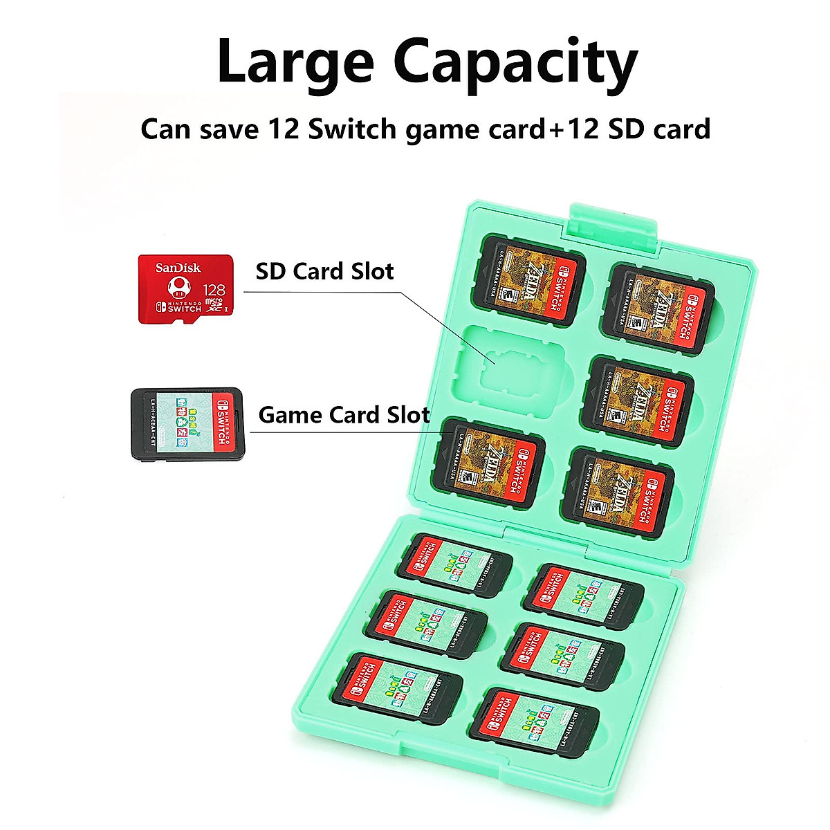 LightPro Game Card Case for Nintendo Switch,Portable & Thin Hard Shell Box, Protective Shockproof Cartridge Holder Carrying Storage Case Box with 12 Cartridge Slots for Switch NS NX(Green Leaf)