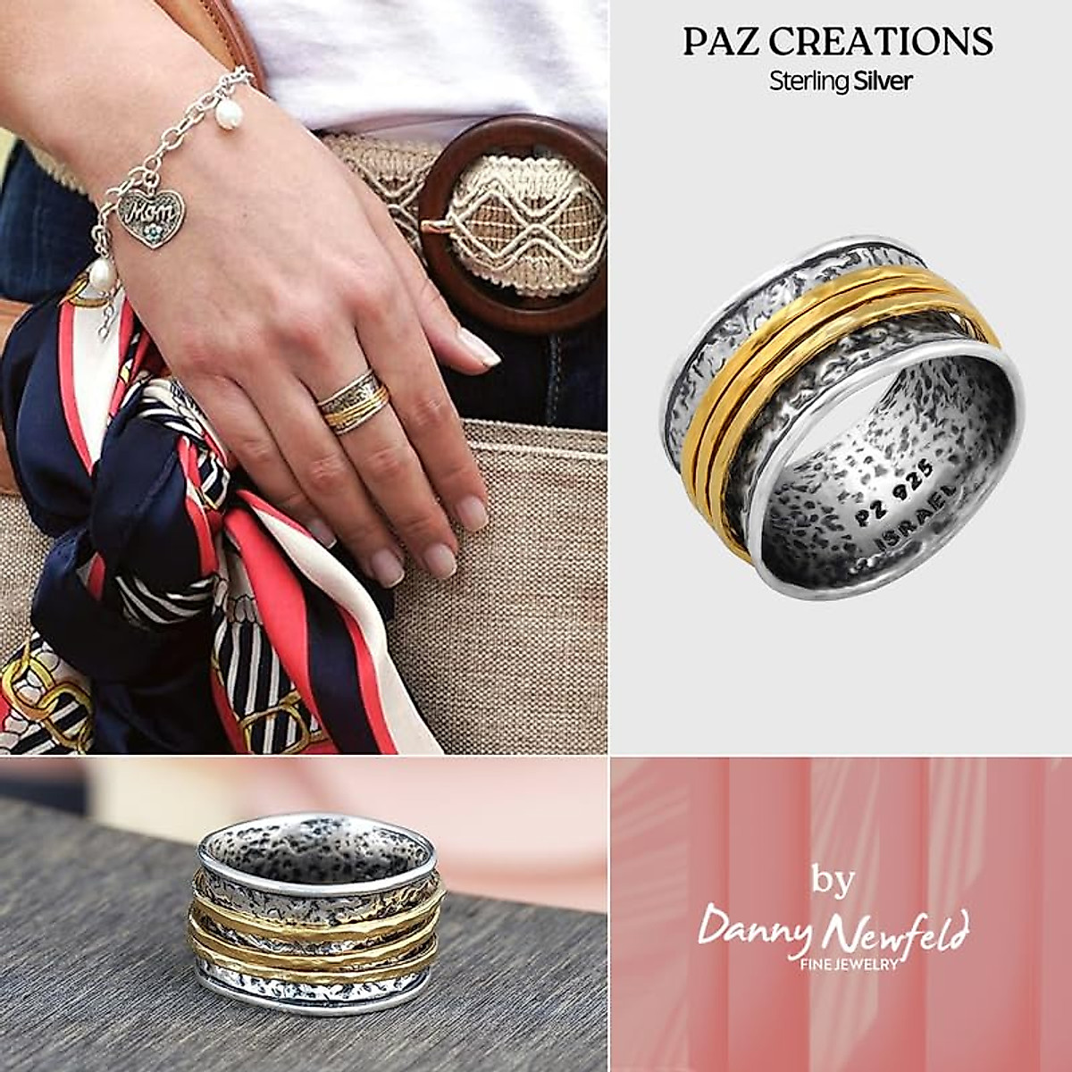 Paz Creations 925 Sterling Silver Spinner Rings for Women and Men - Statement Ring - Artisan Jewelry Fidget Rings, Boho Rotating Rings, Handcrafted Meditation Ring, 14K Yellow Gold, Size 9