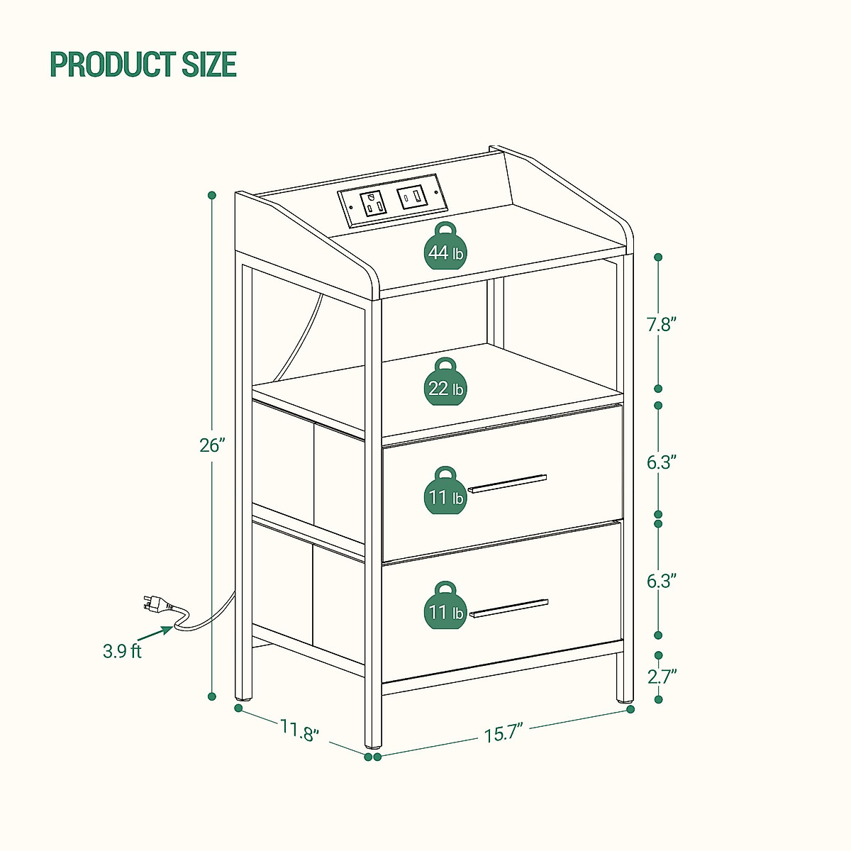 Hzuaneri Nightstands with Charging Station, End Table with 2 Fabric Storage Drawers and Shelves, Modern Side Table with USB Ports & Power Outlets, Greige NS30405B