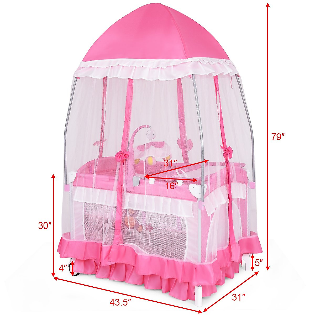BABY JOY 4 in 1 Pack and Play with Extended Canopy, Portable Baby Playard Bedside Sleeper with Side Zipper Entrance, Wheels & Brake, Baby Girl Pink Bassinet Crib from Newborn to Toddler