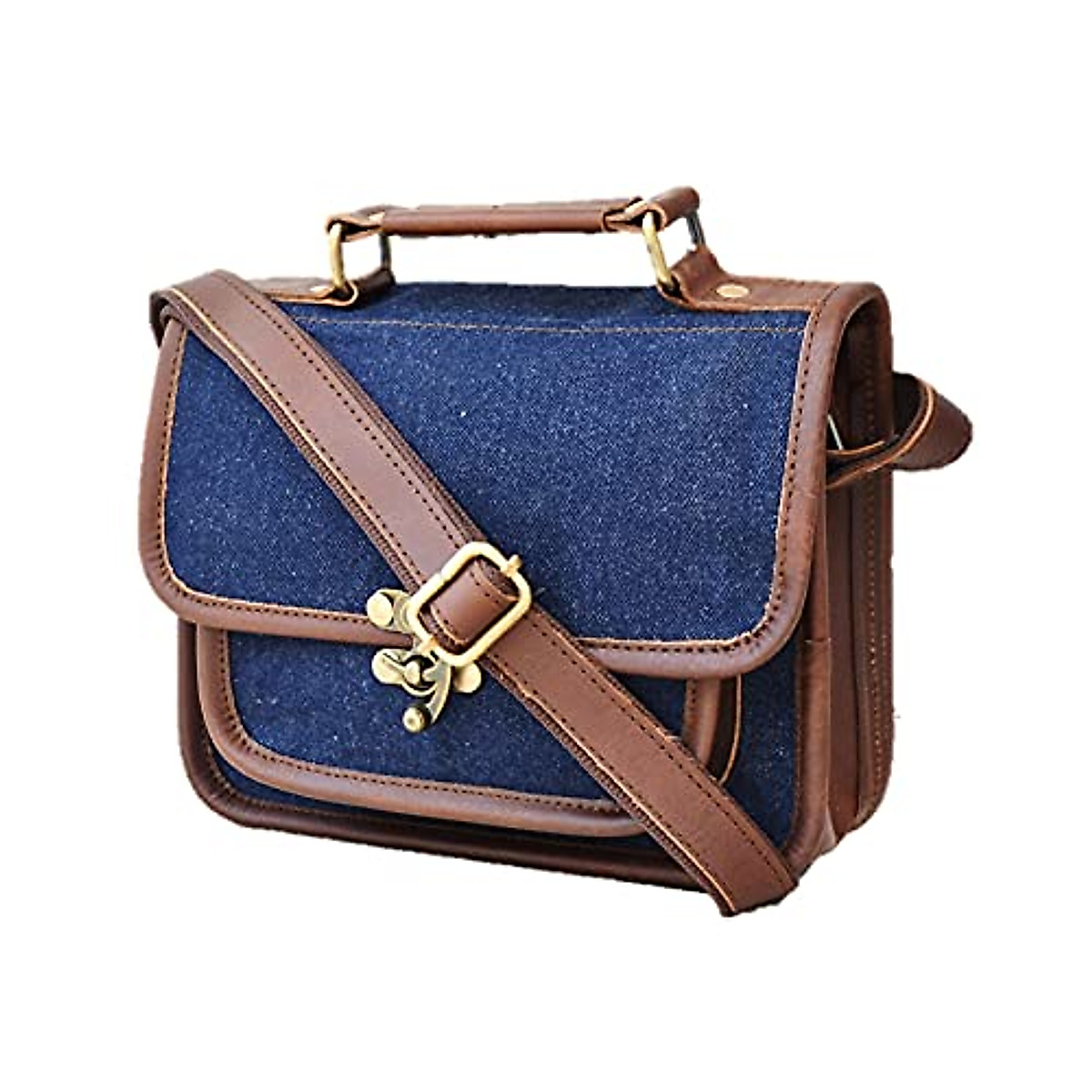 Erangle Vintage Girl's Leather Satchel Purse For School College Work Messenger Denim Cross-body Bag (Blue Brown, Medium)