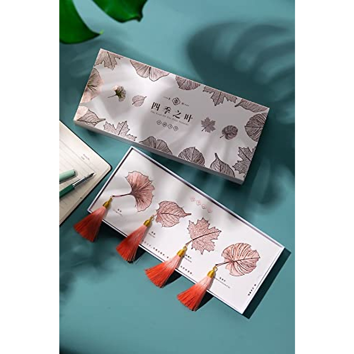 4 Metal Bookmarks with Tassels. Four Different Leaf Shapes, Representing The Four Seasons of Nature, Rose Gold, 2.56Wx2.56L
