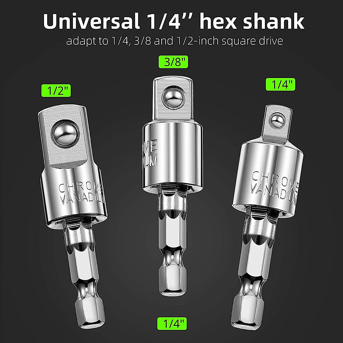 3Pcs 1/4" 3/8" 1/2" Bits 360°Rotatable,Impact Grade Socket Adapter/Extension Set Turns Power Drill Into High Speed Nut Driver,for Cordless Drills Ratchet Extension,Universal Socket Wrench Adapter Set