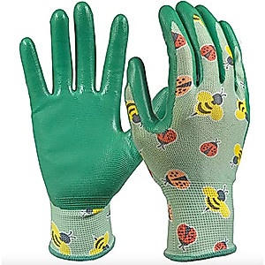 Digz Youth Stretch Garden and Yardwork Gloves with Nitrile Coating | Single Pair | Color: Bees & Ladybugs | Size: One Size Fits Most Youth